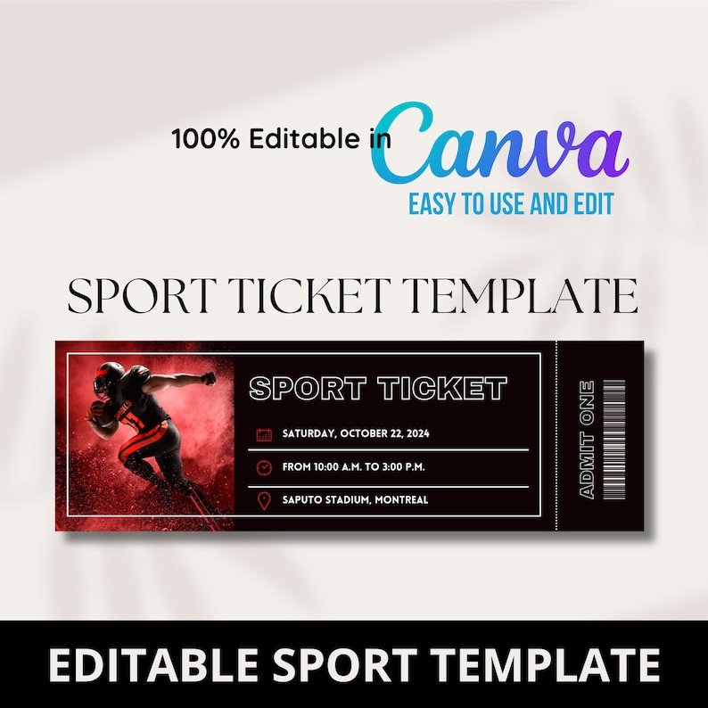 Editable Sport Ticket Template, Custom Soccer Ticket Gift, Custom Sport ...