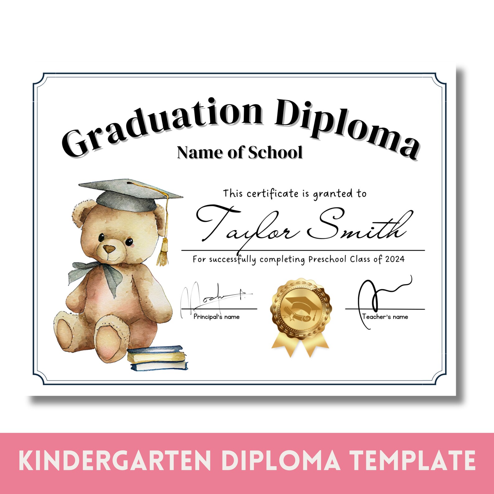 Kindergarten Diploma, Editable Template Canva, Printable Certificate ...