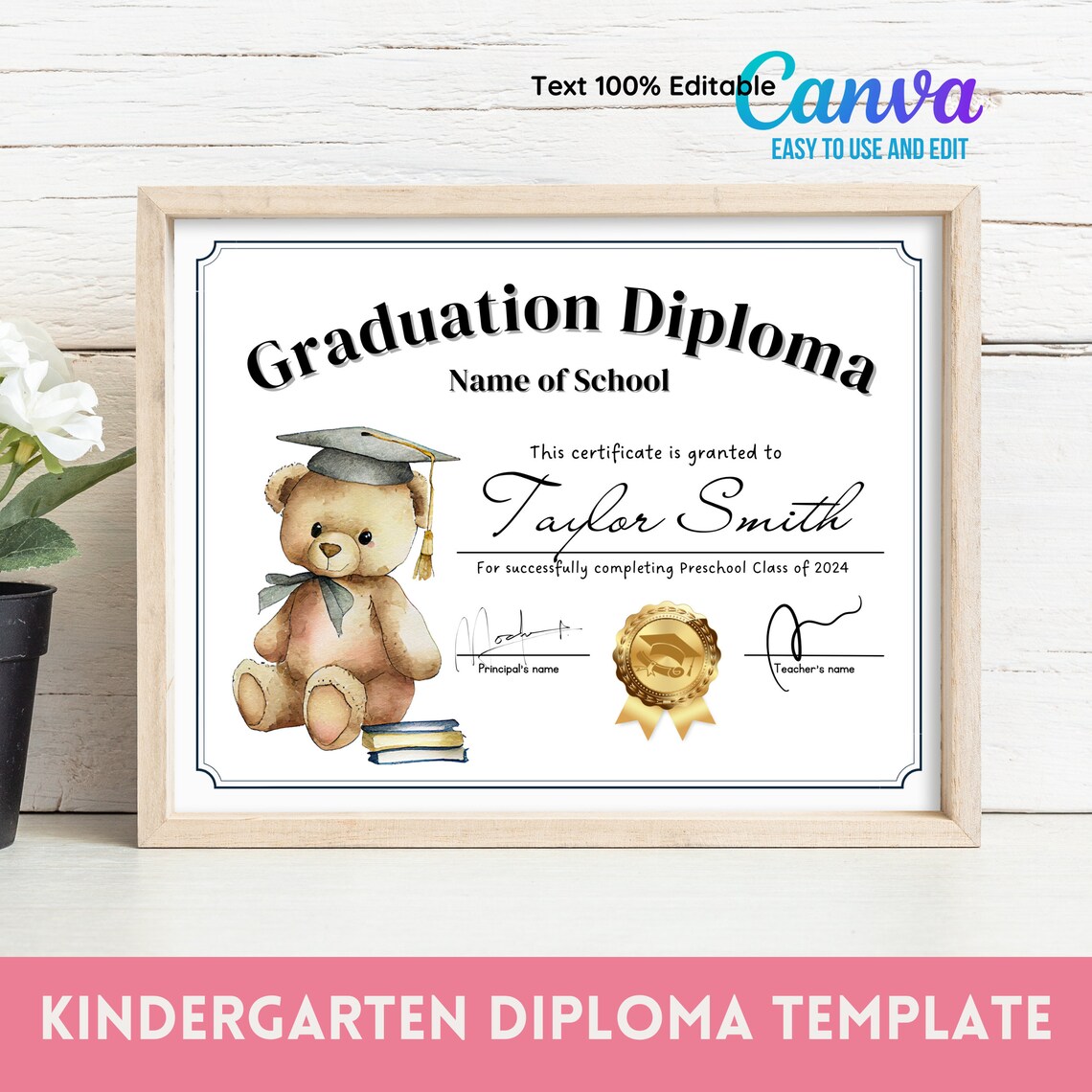Kindergarten Diploma, Editable Template Canva, Printable Certificate ...