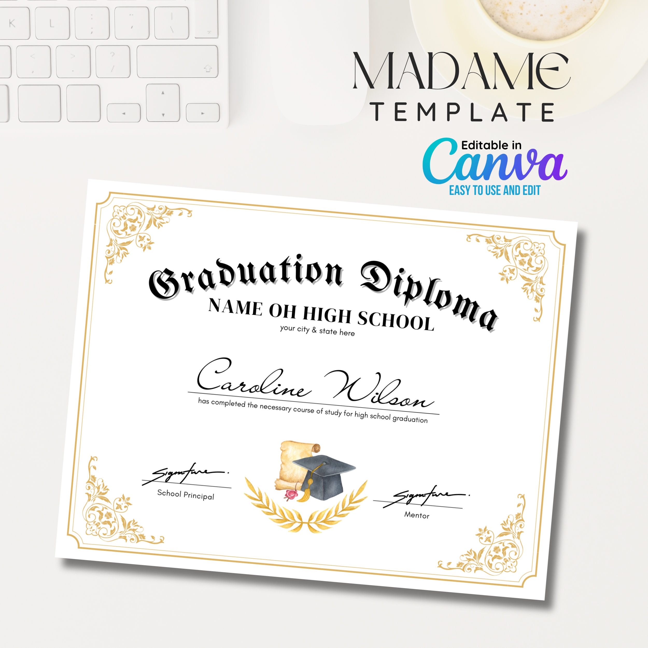 Graduation Certificate, High School Diploma, Graduation Diploma, Gold ...