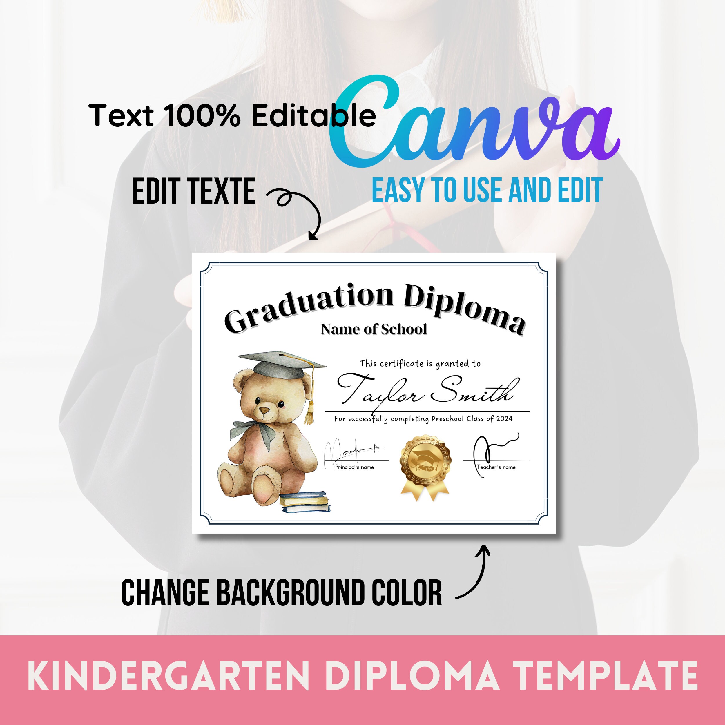 Kindergarten Diploma, Editable Template Canva, Printable Certificate ...