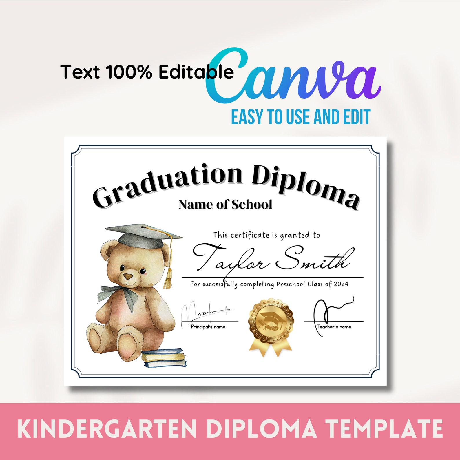 Kindergarten Diploma, Editable Template Canva, Printable Certificate ...