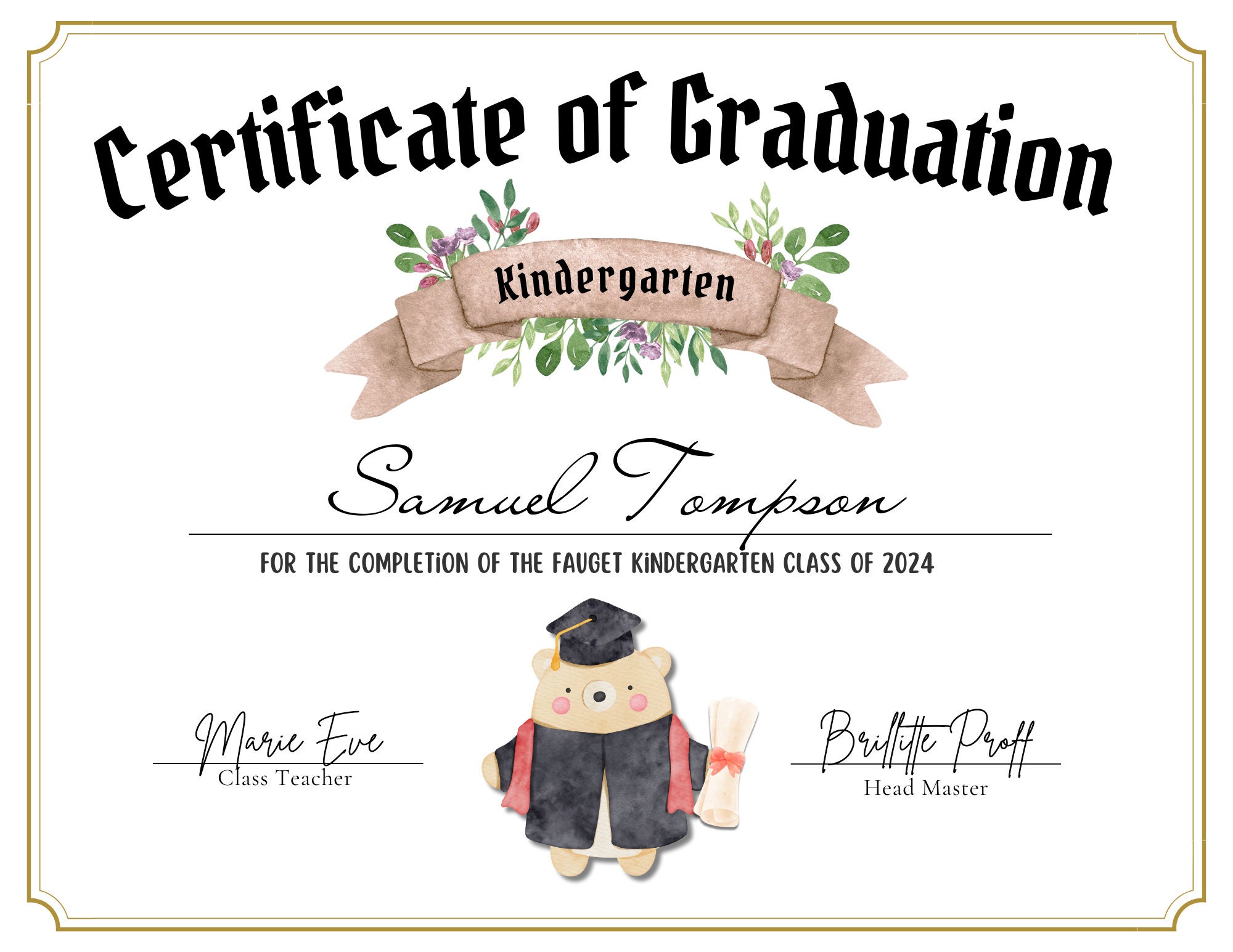 Kindergarten Graduation Diploma, Class of 2024, Editable Template ...