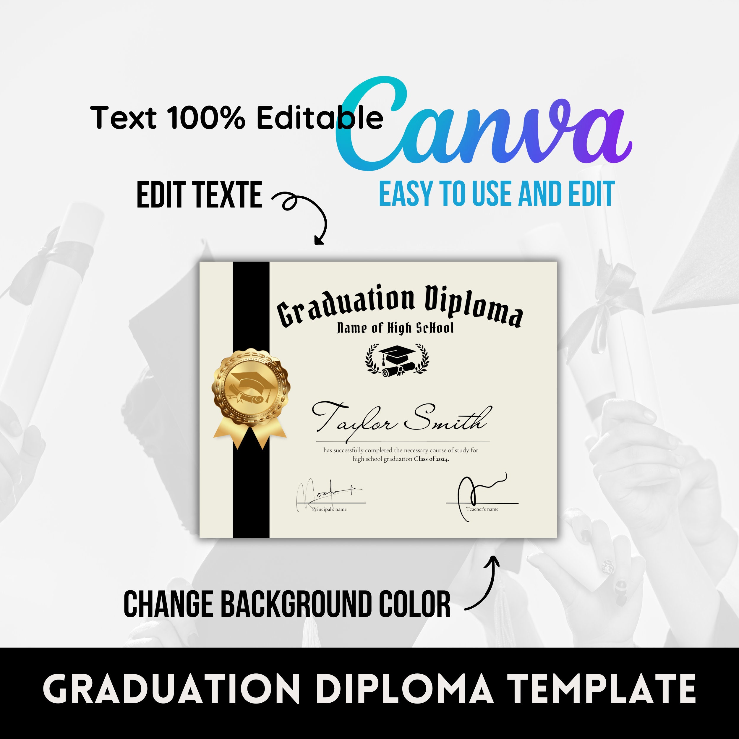 High School Diploma, Gold Seal Diploma, Editable Template Canva ...