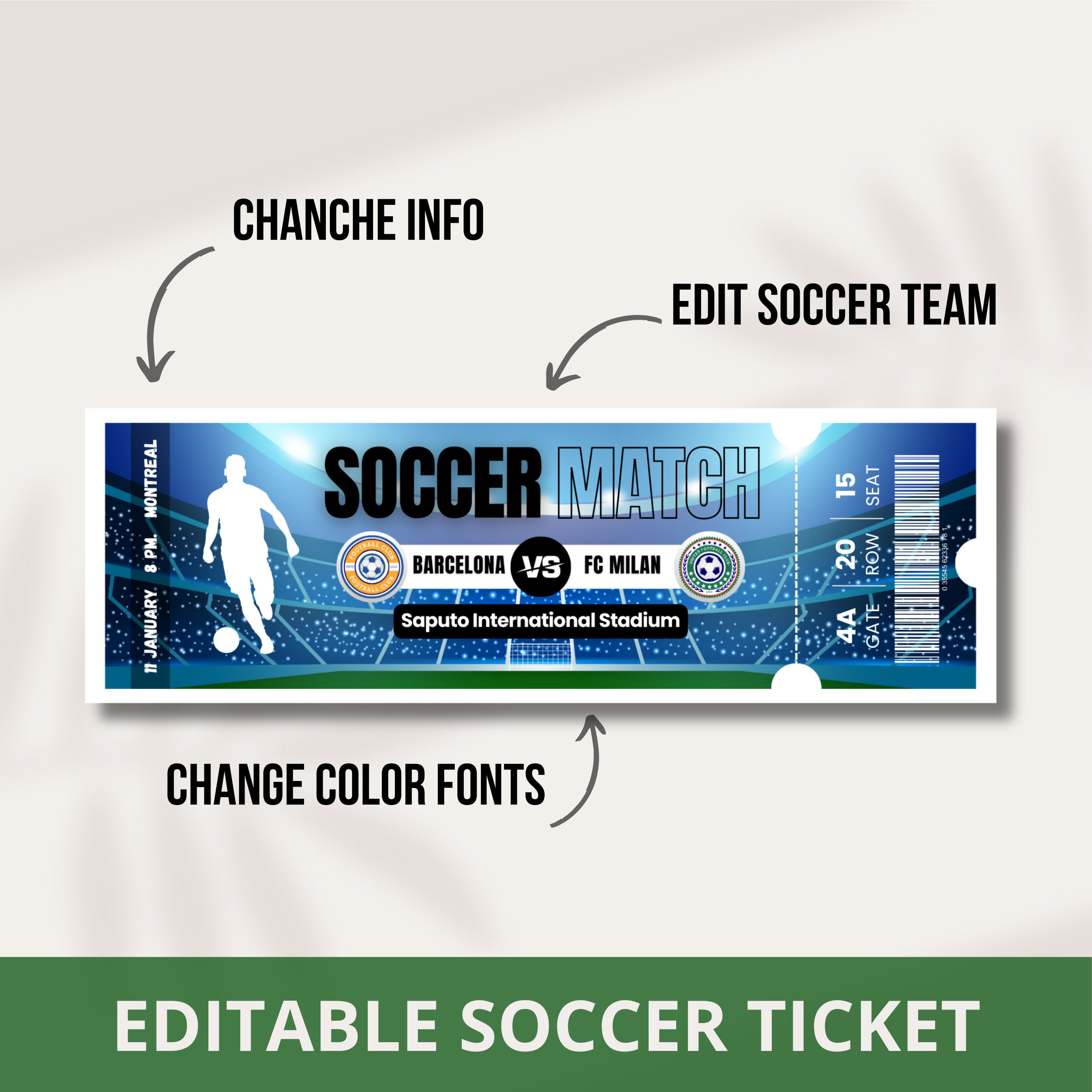 Editable Soccer Ticket Template, Custom Soccer Ticket Gift, Custom ...
