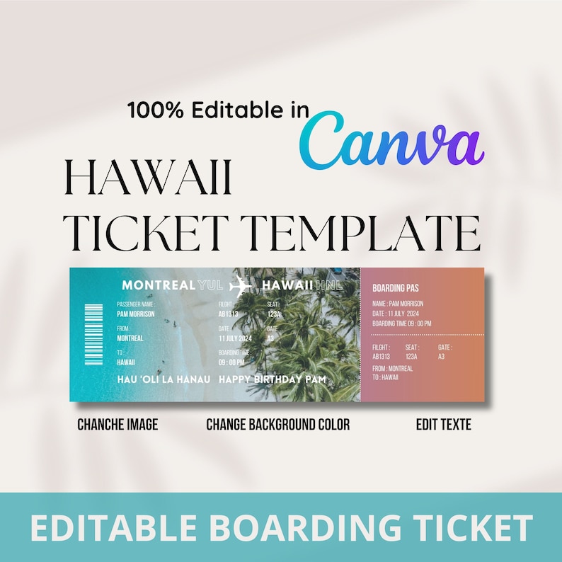 Hawaii Ticket, Editable Boarding Pass, Ticket Template, Printable ...