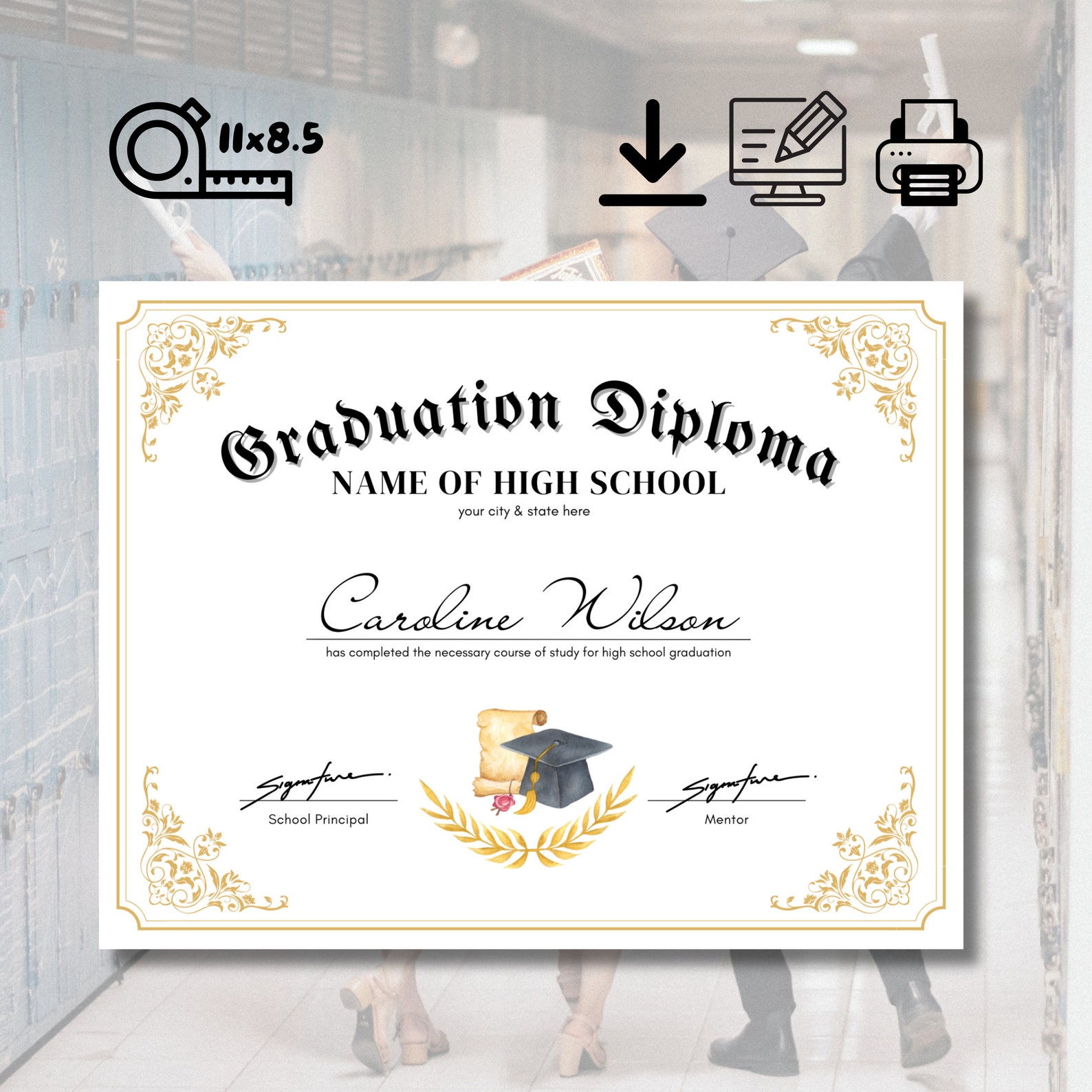 High School Diploma, Editable Template Canva, Printable Certificate ...