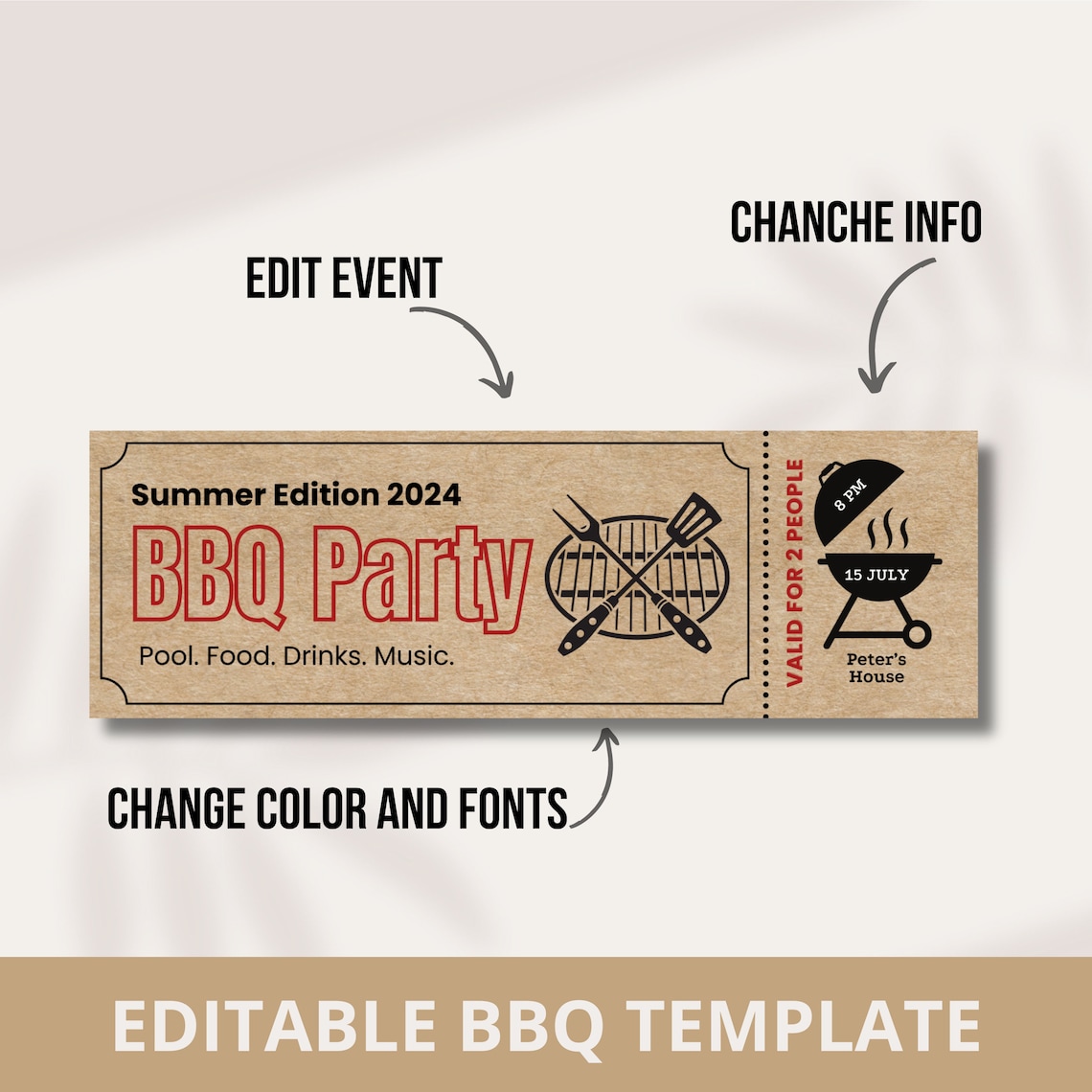 Editable BBQ Ticket Template, Custom BBQ Ticket Invitation, Custom ...