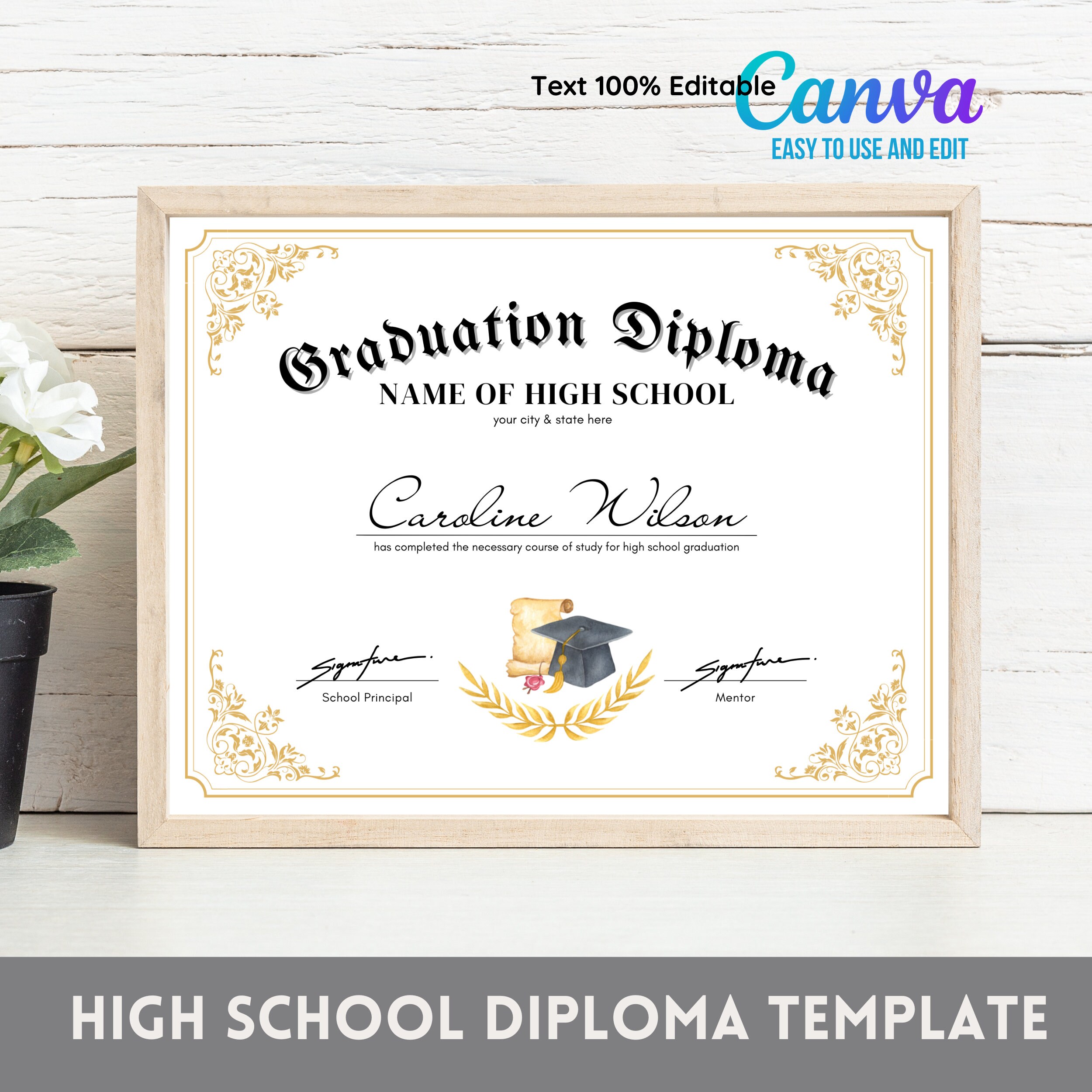 High School Diploma, Editable Template Canva, Printable Certificate ...
