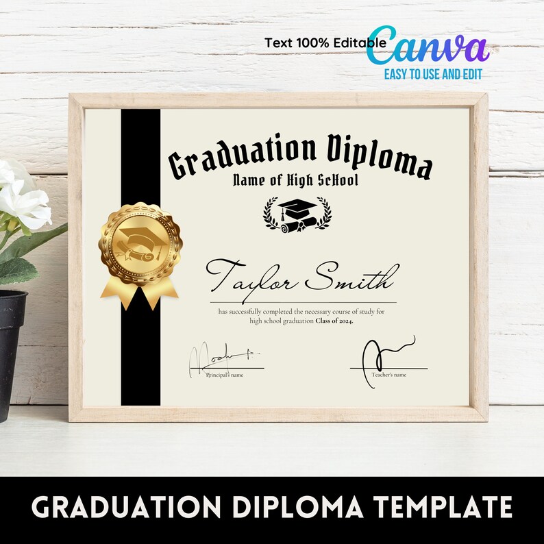 High School Diploma, Gold Seal Diploma, Editable Template Canva ...