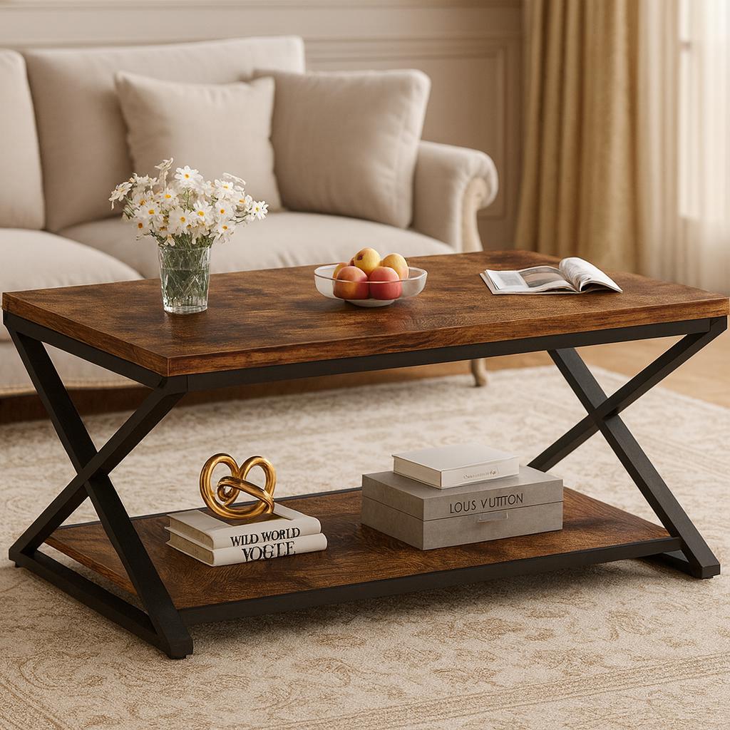Rustic Brown Coffee Table | Farmhouse Wood & Metal Living Room Table - Etsy