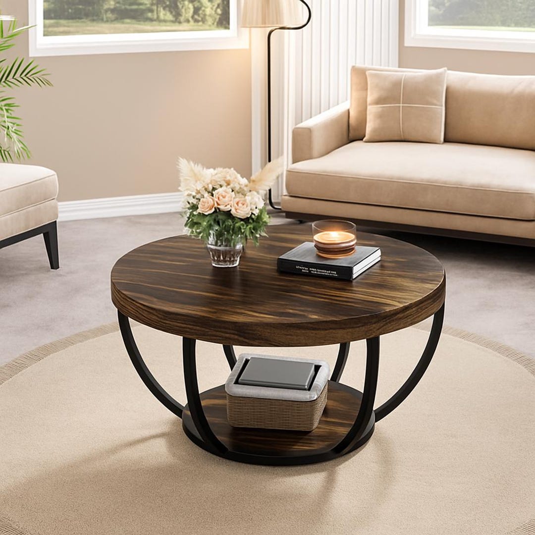 Rustic Brown Round Coffee Table With Storage Shelf - Etsy