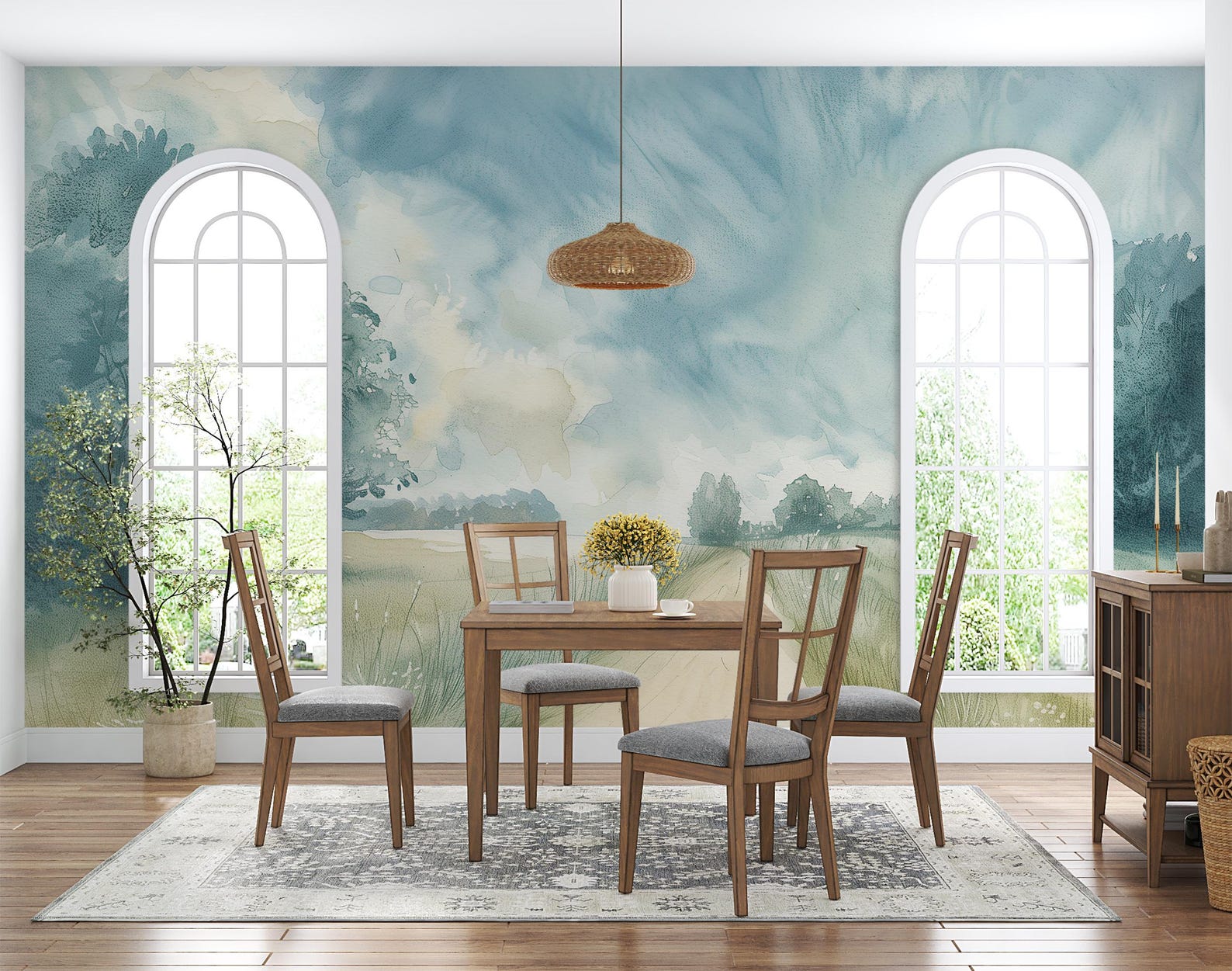 Muted Scenic Mural, Field and Trees Landscape Vintage Wallpaper, Peel ...
