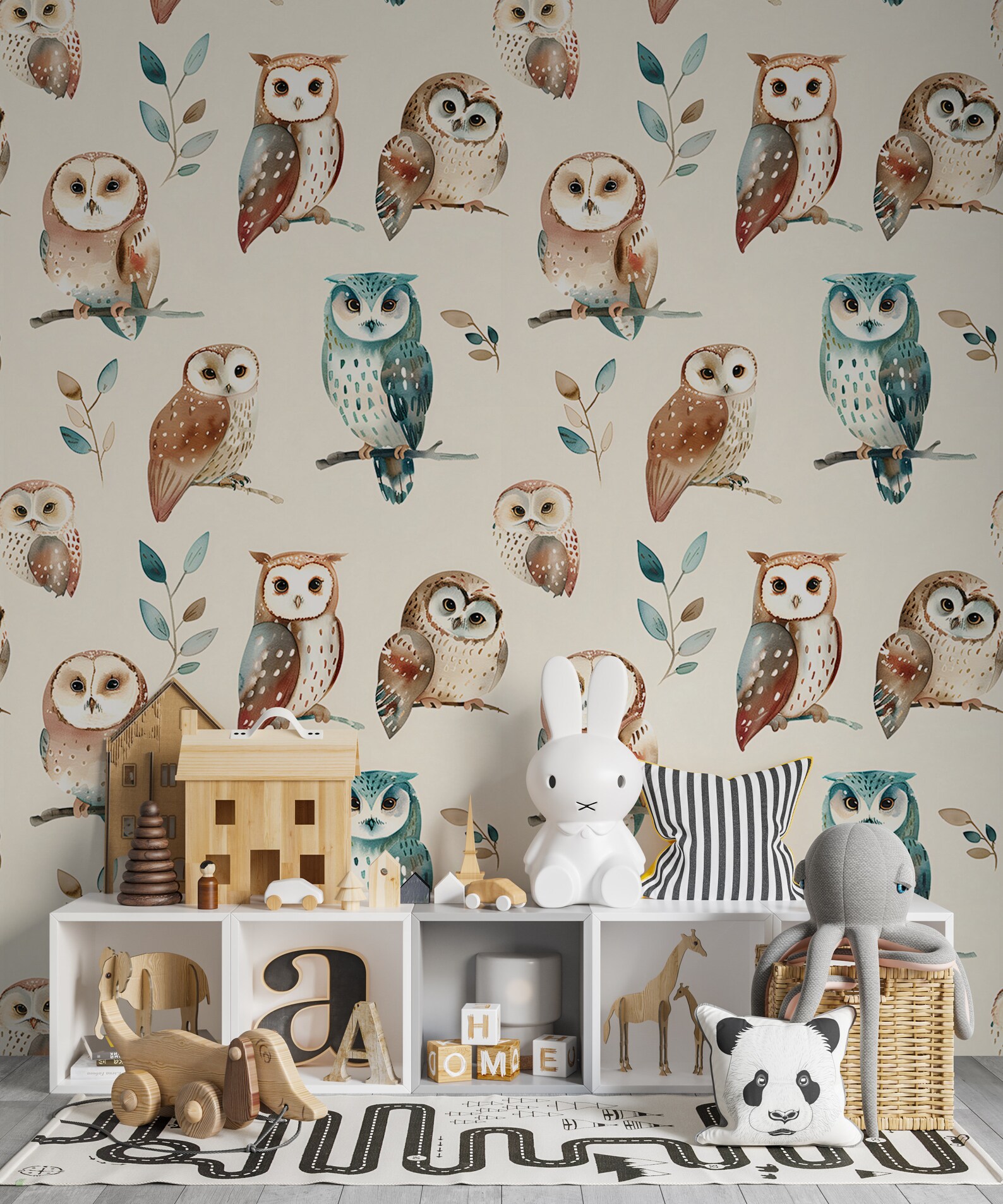 Watercolor Owls Mural, Nursery Owl Wallpaper, Peel and Stick Pastel ...
