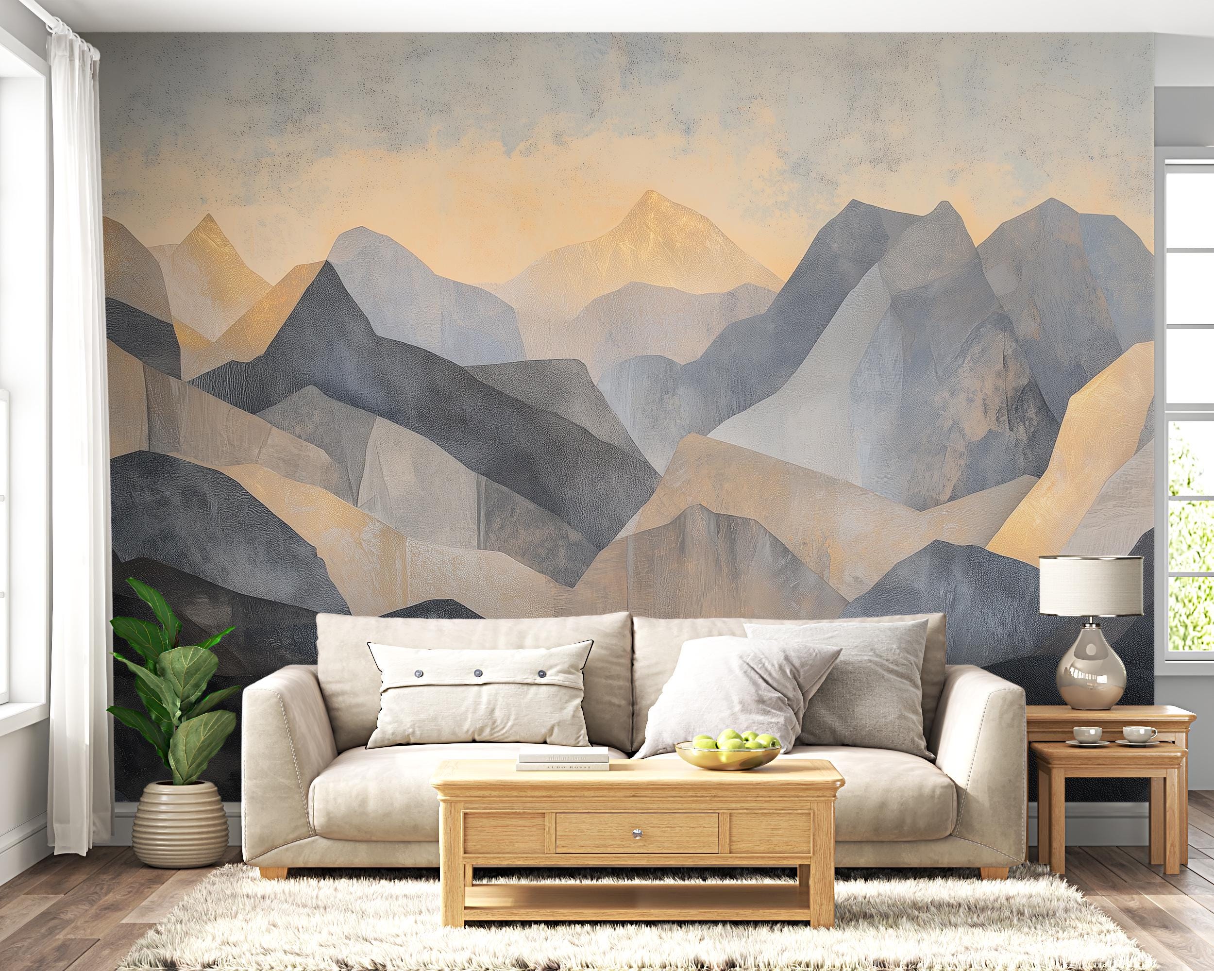 Soft Grey and Beige Mountains Mural, Watercolor Abstract Rock Mountain ...