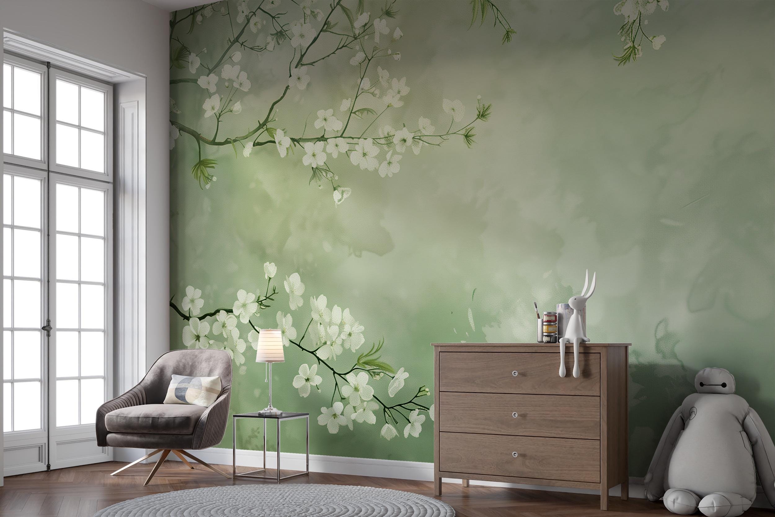 Soft Green Venetian Plaster Wall Mural, Minimalist Cherry Blossom ...