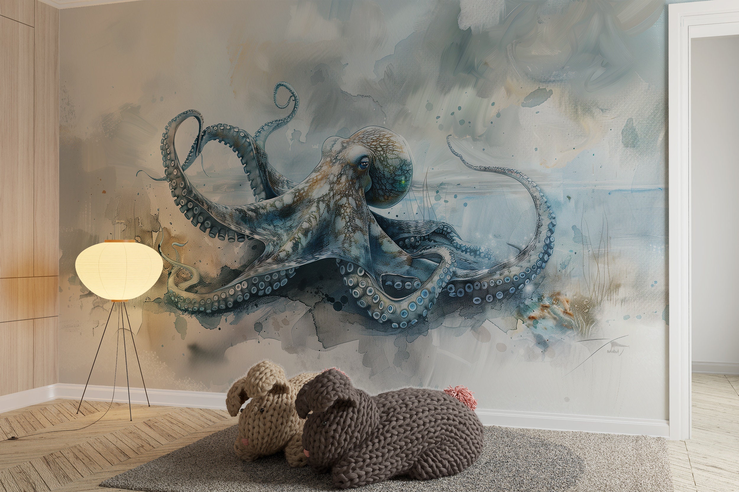Octopus Wall Mural, Watercolor Giant Octopus Wallpaper, Underwater Life ...