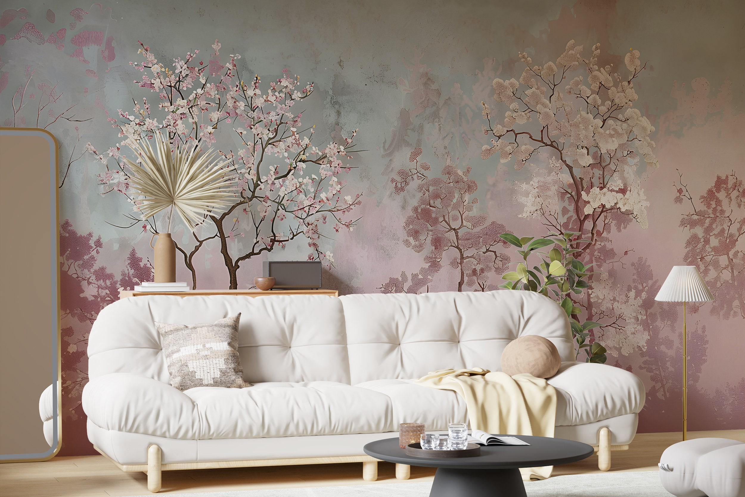 Muted Colors Trees Wallpaper, Soft Pink Watercolor Trees Wall Mural ...