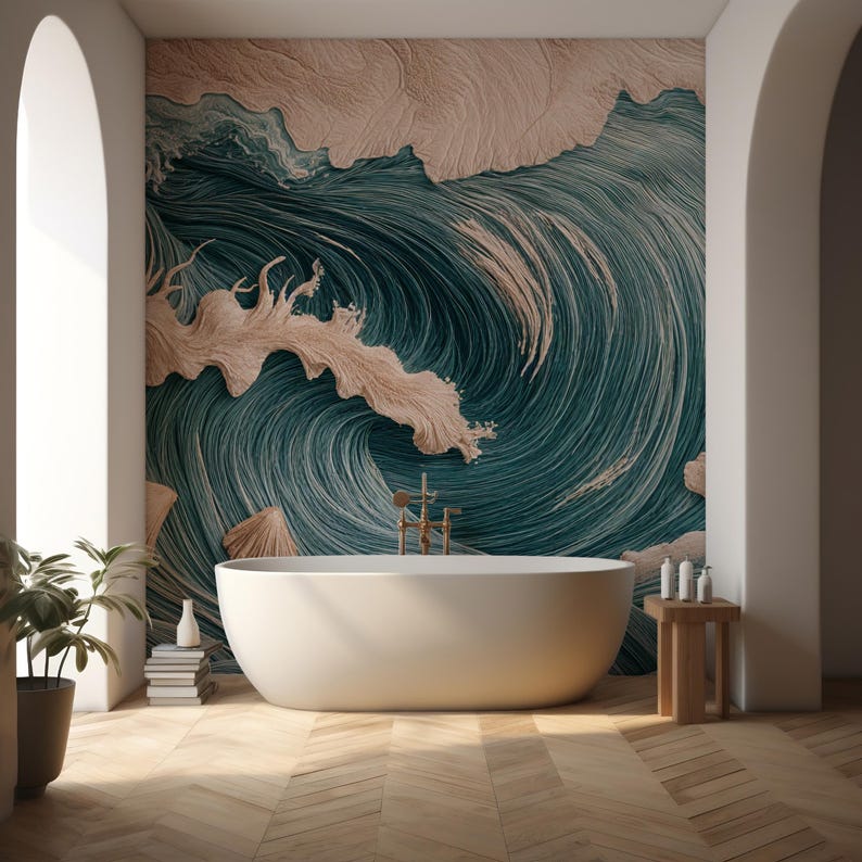 Ocean Waves Wall Mural, Abstract Sea Wallpaper, Peel and Stick Wavy ...