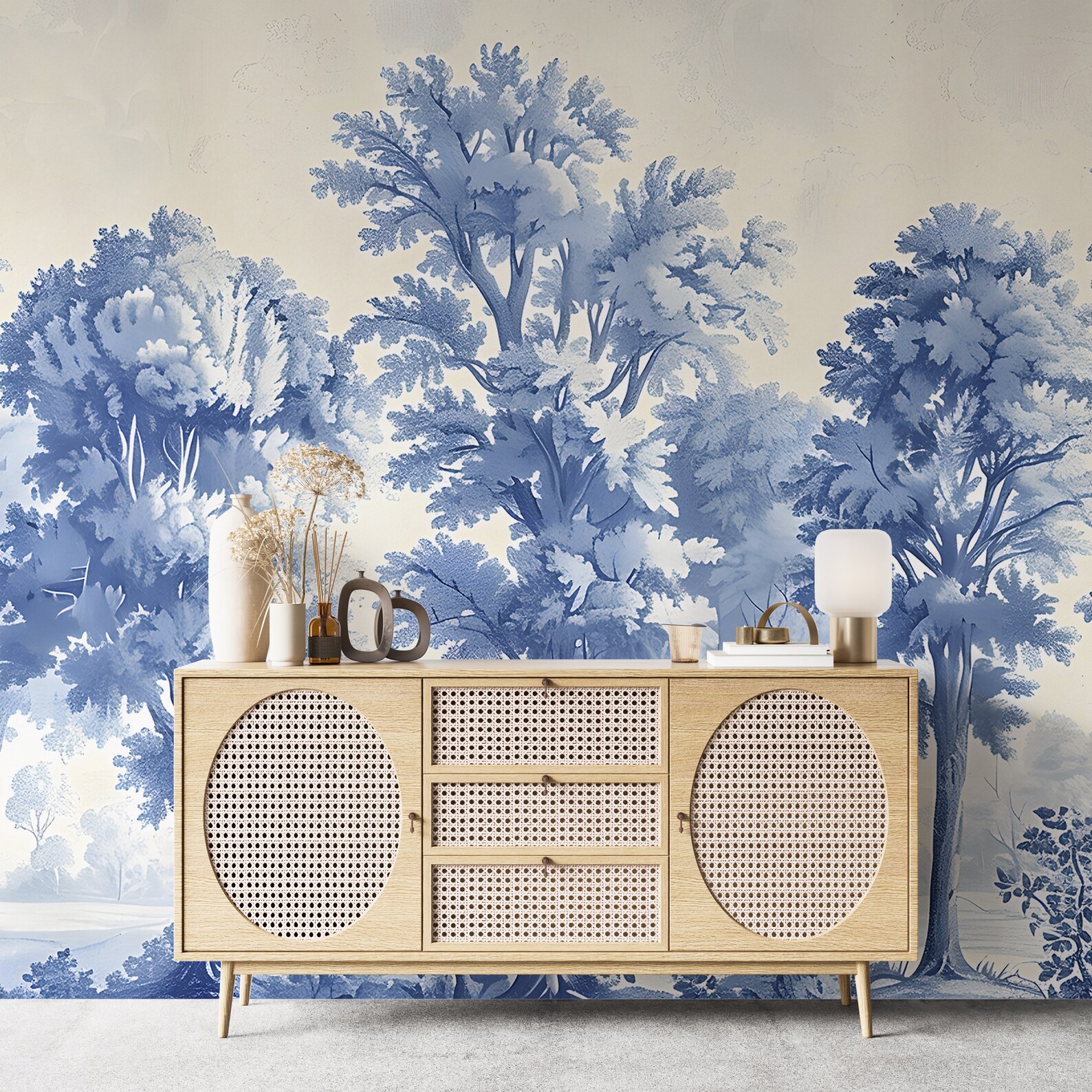 Toile De Jouy Style Mural, Blue Monochrome Trees Wallpaper, Classic ...