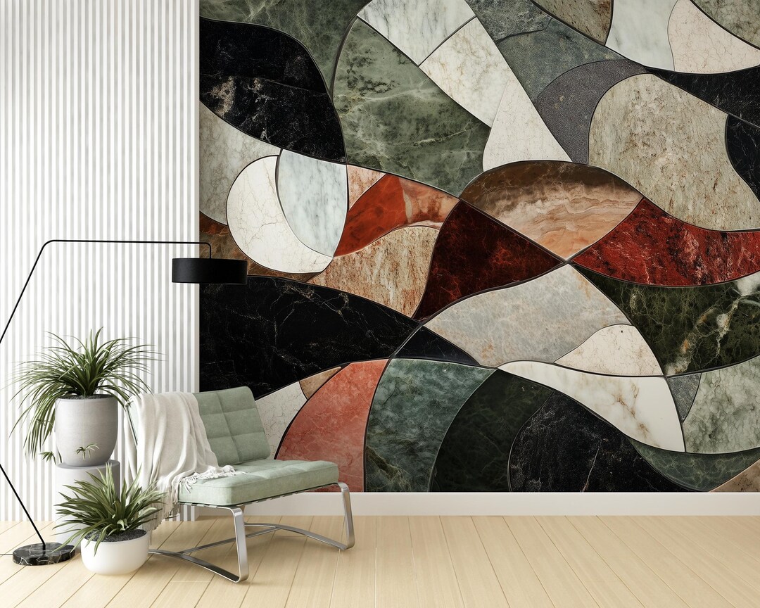 Colorful Marble Mosaic Mural, Abstract Stone Tiles Shapes Wallpaper ...