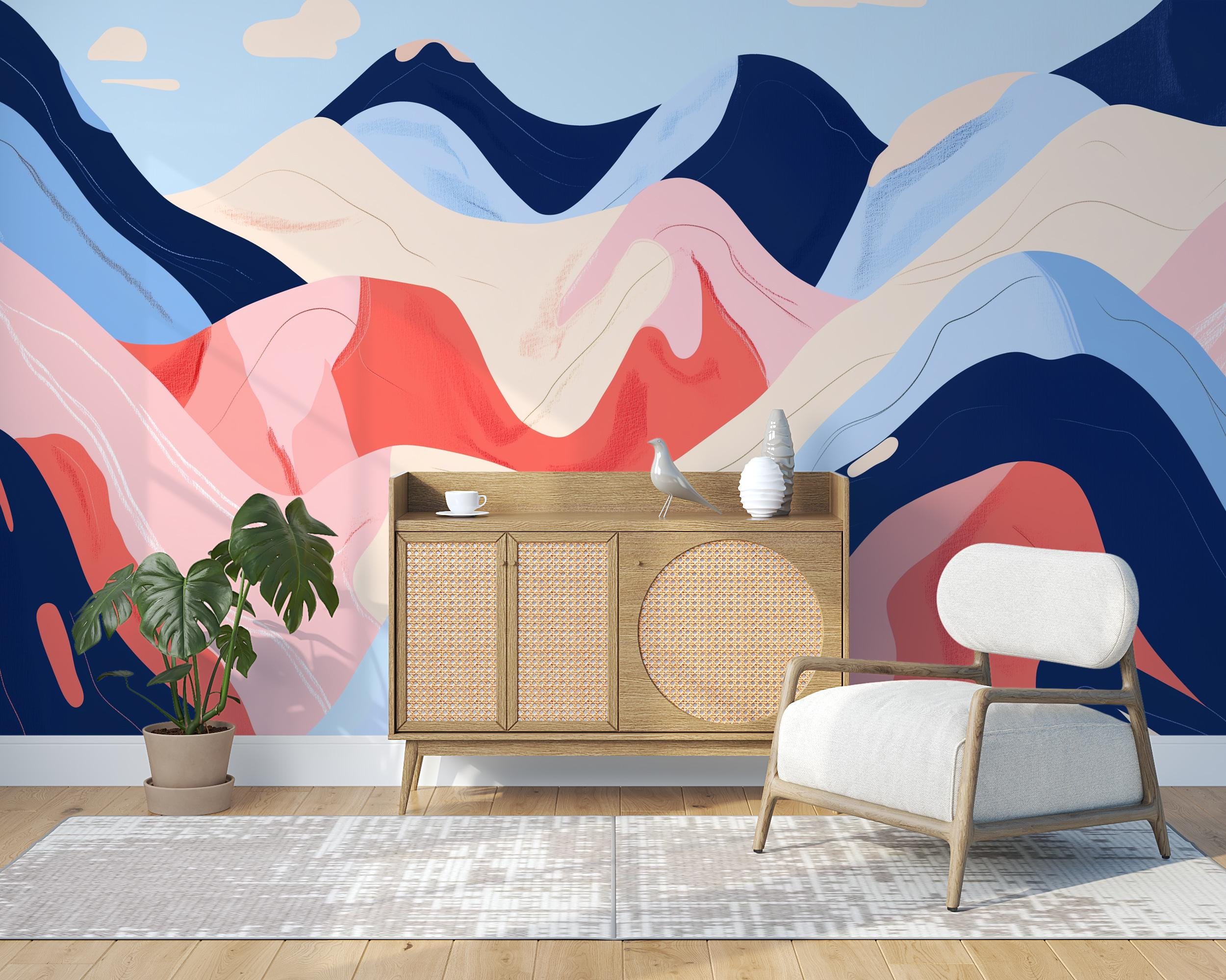 Abstract Mountain Mural, Pastel Colors Modern Wallpaper, Colorful Peel ...