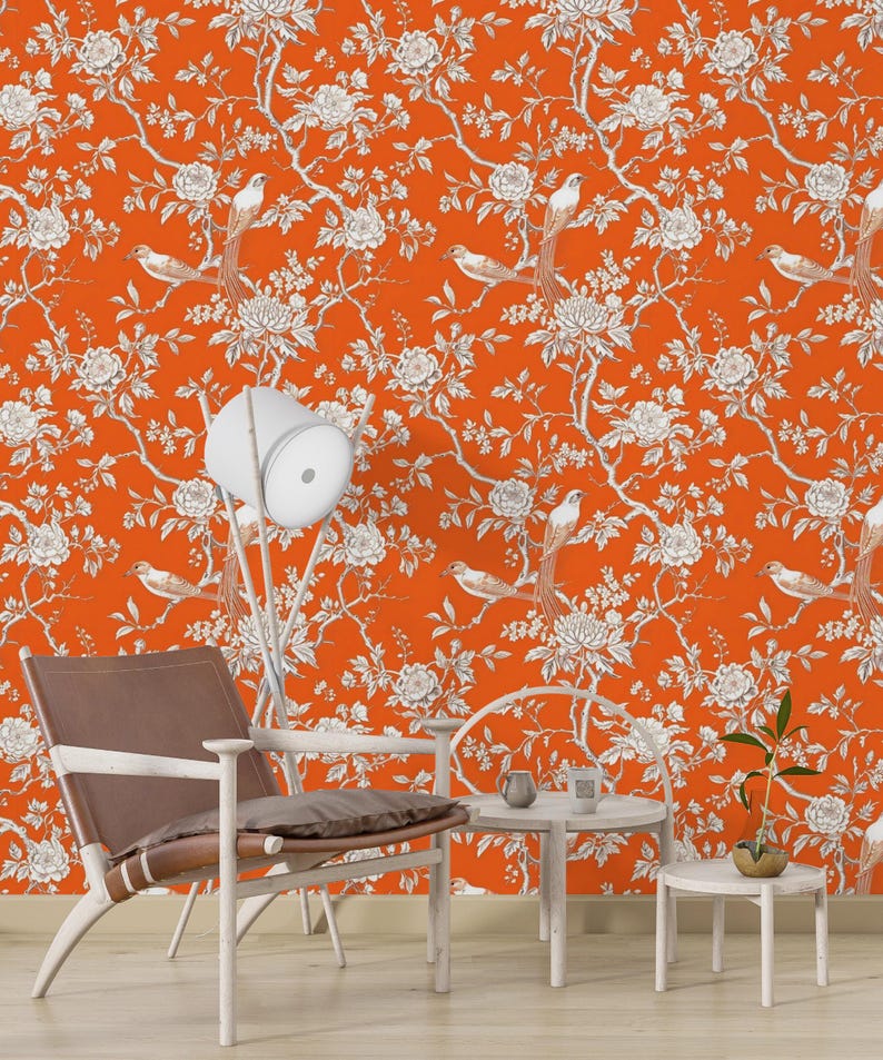 Orange Chinoiserie Wallpaper, Colorful Vintage Floral Wallpaper, Peel ...