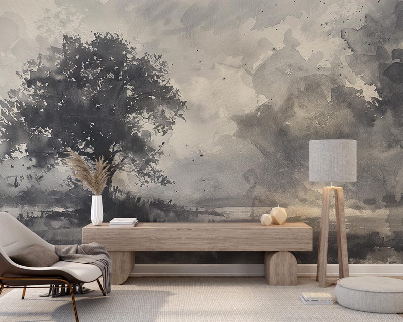 Grey Monochrome Tree Mural, Watercolor Dark Field Landscape Wallpaper ...
