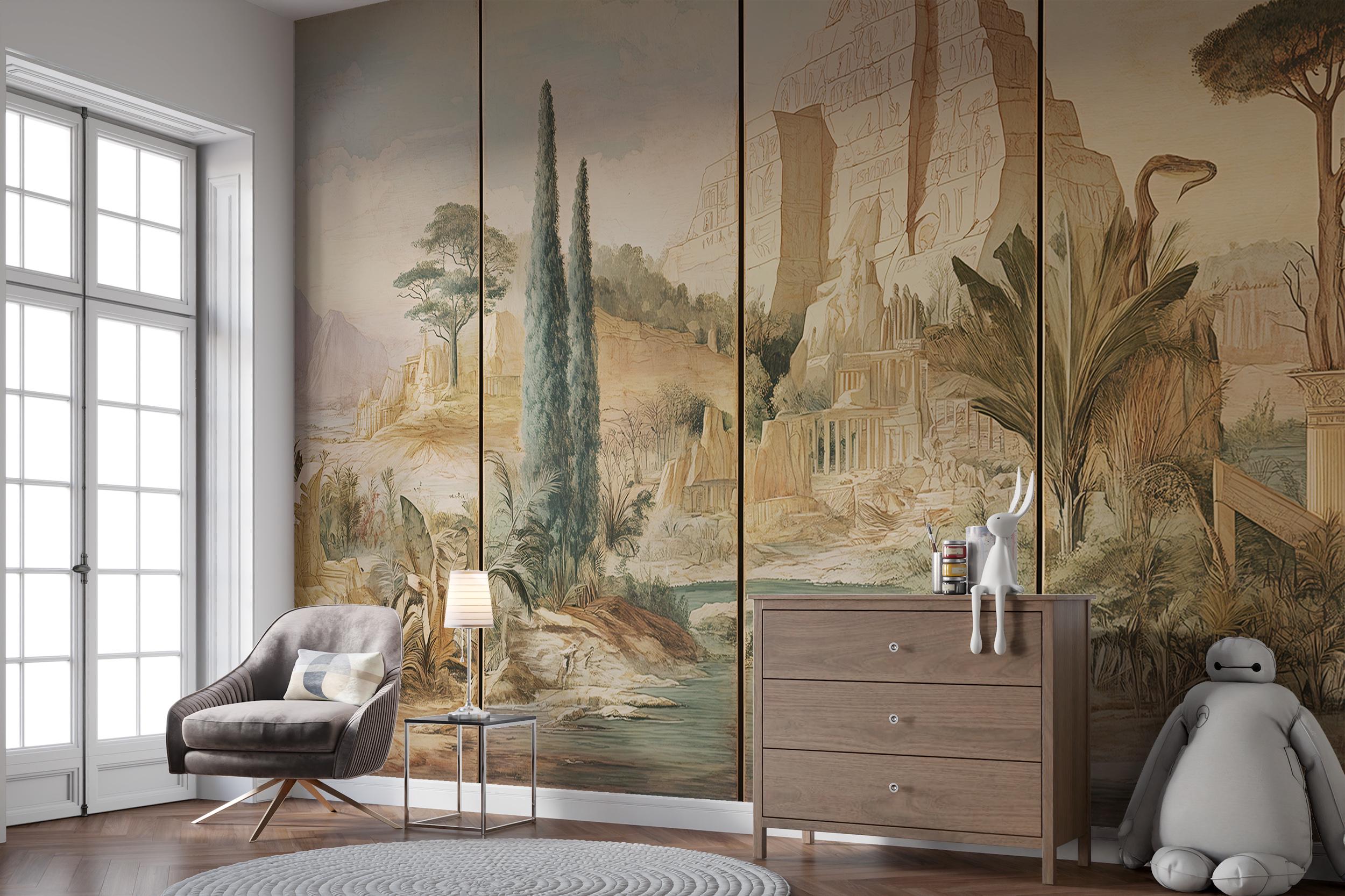 Ancient Vintage Landscape in Old Panels Style Mural, Old Greek Ruins ...