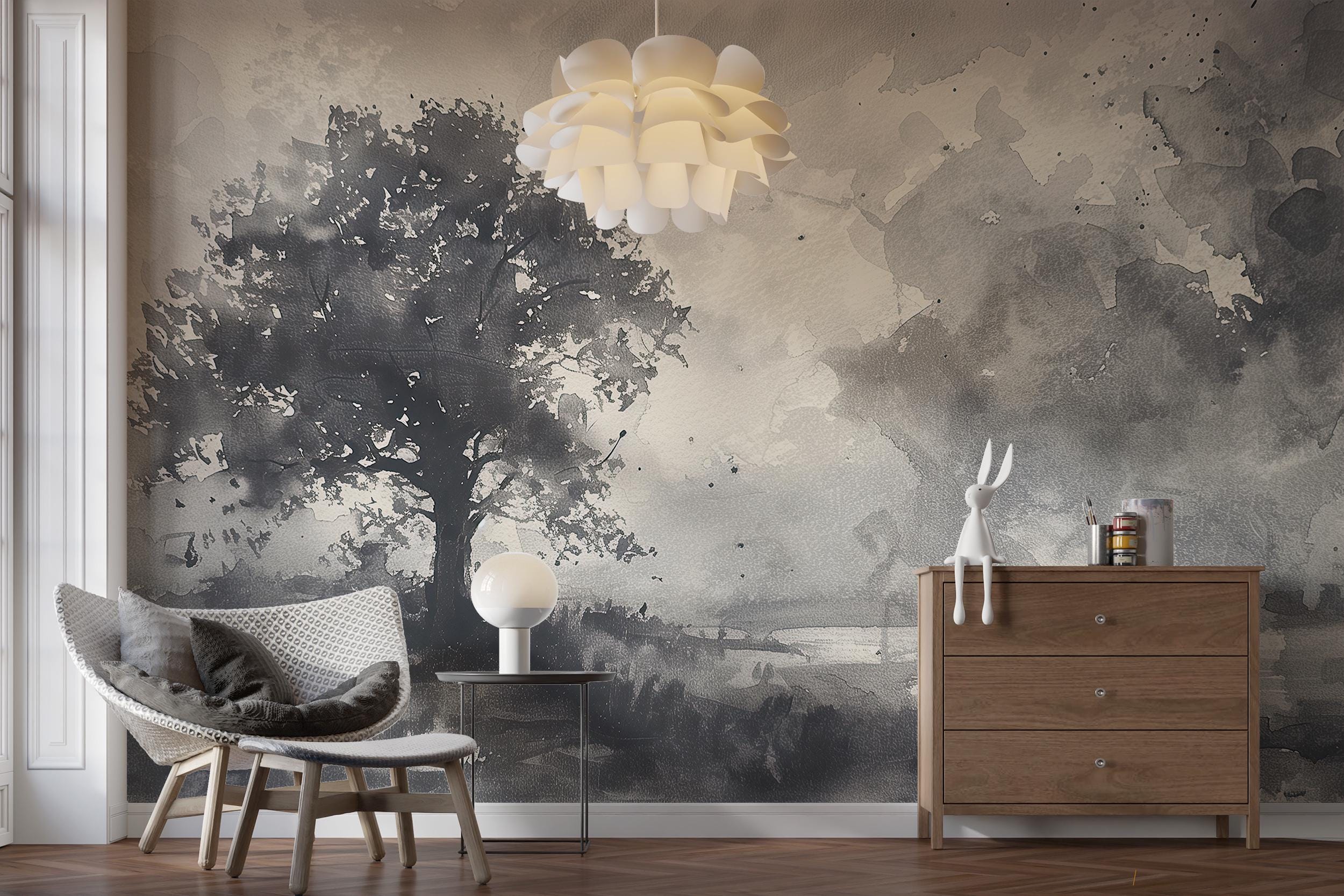 Grey Monochrome Tree Mural, Watercolor Dark Field Landscape Wallpaper ...