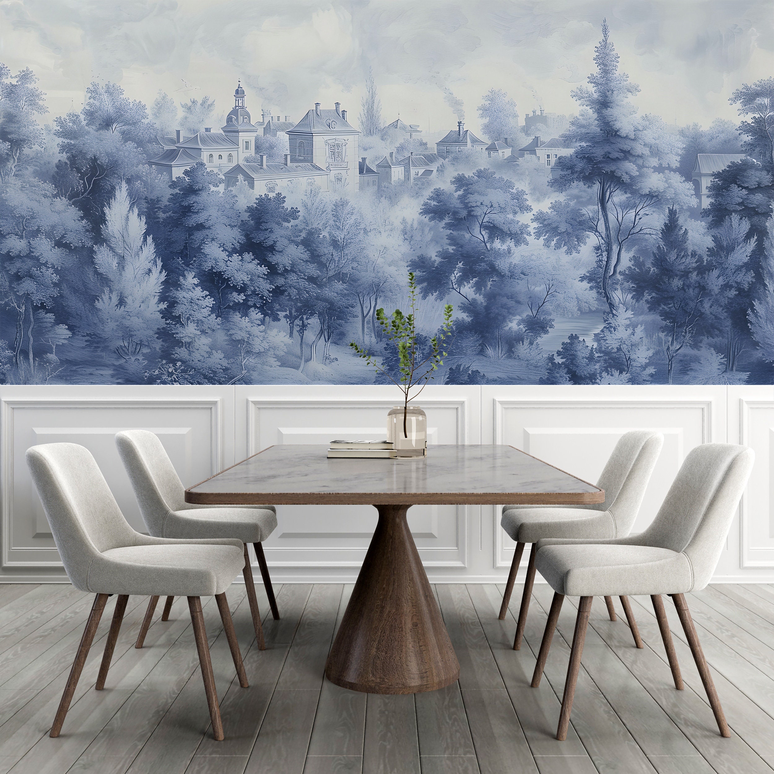 Blue Monochrome Trees and Village Mural, Vintage Landscape Wallpaper ...