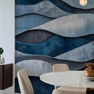 Blue Wavy Wall Mural, Abstract Line Art, Peel and Stick Geometry ...