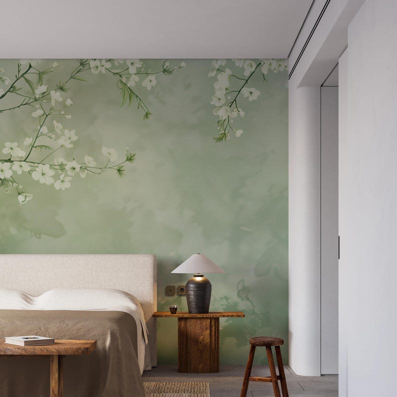 Soft Green Venetian Plaster Wall Mural, Minimalist Cherry Blossom ...