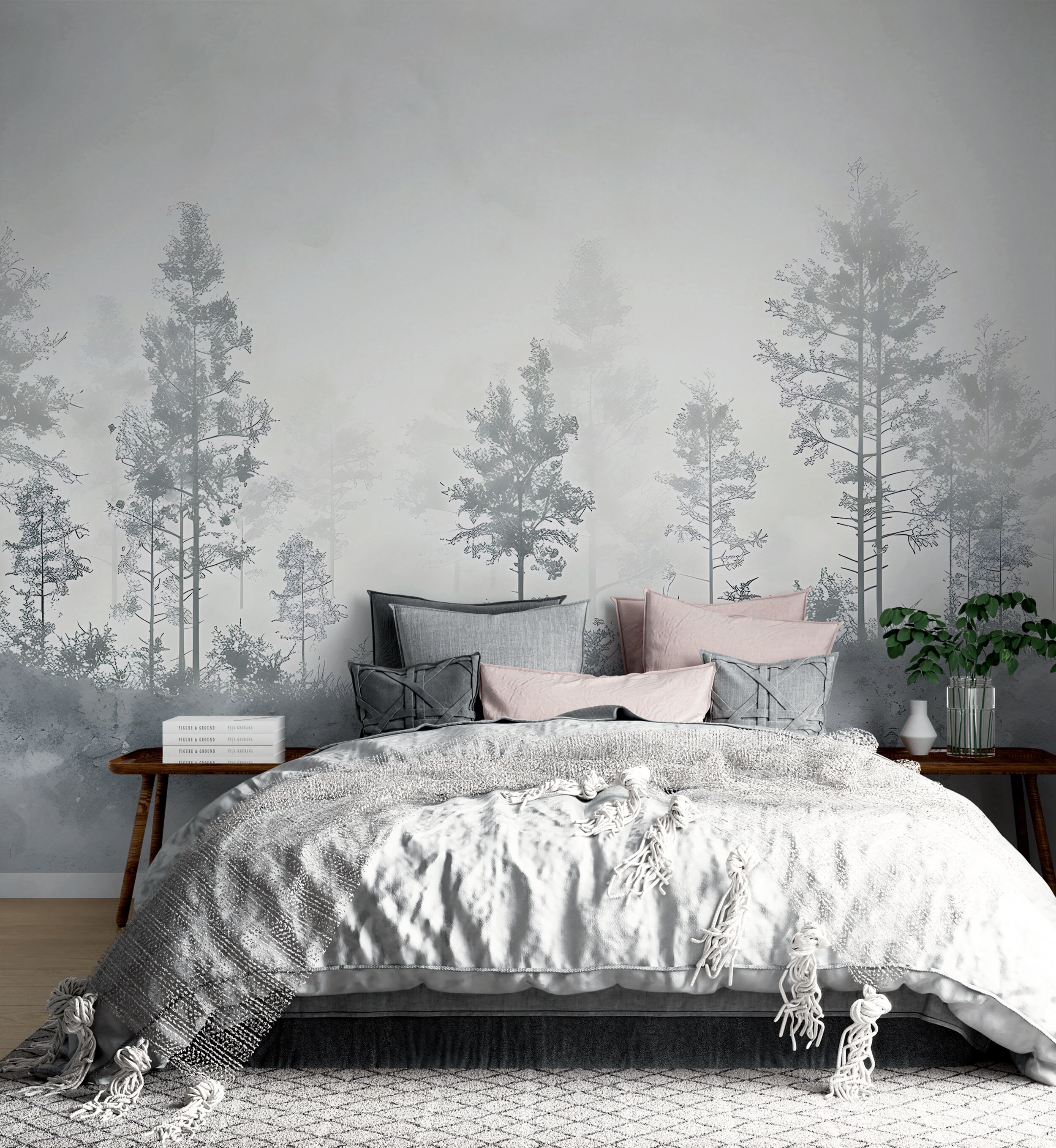 Timeless Monochrome Trees Mural, Vintage White and Grey Forest ...