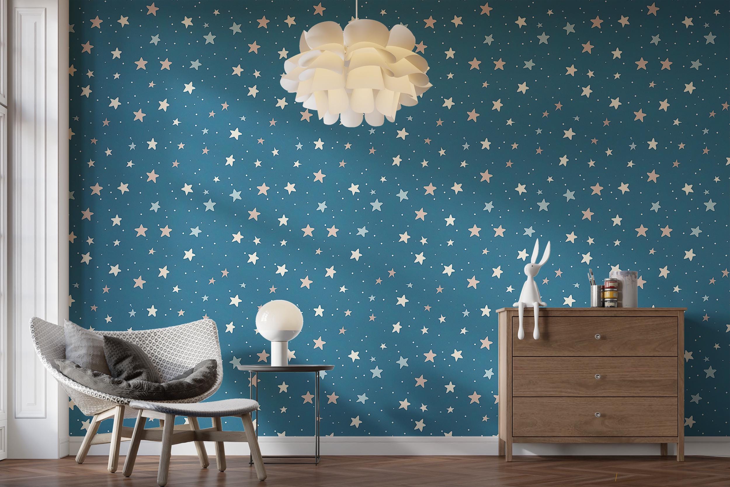 Blue Starry Wallpaper, Pastel Color Stars Nursery Wallpaper, Peel and ...