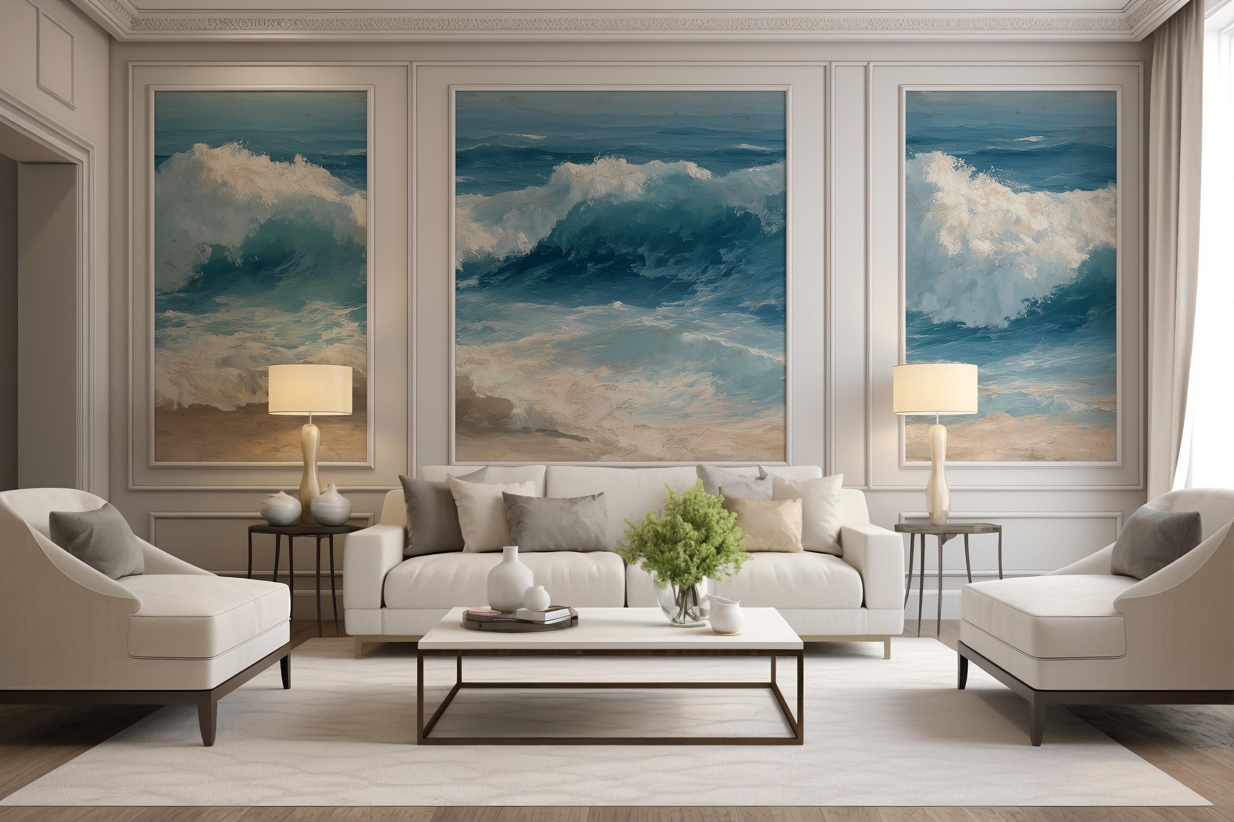 Ocean Wave Oil Painting Wall Mural, Coastal Blue Sea Wallpaper, Large ...
