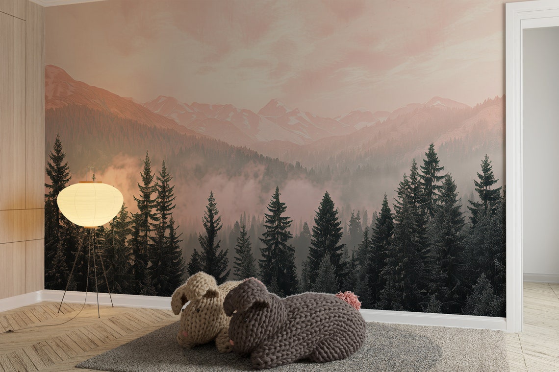 Pink Mountain Landscape Wallpaper, Pine Forest Wall Mural, Nursery ...