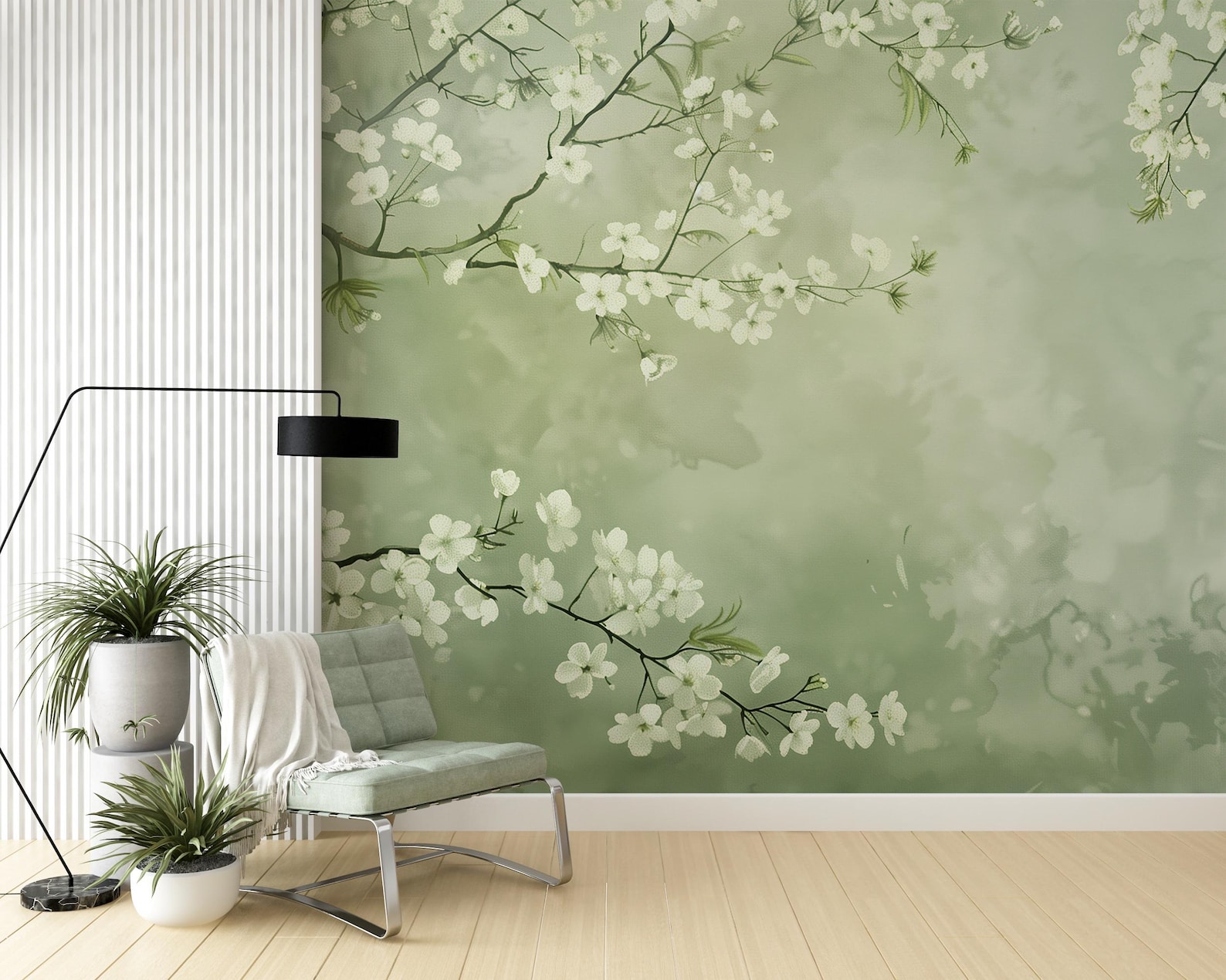 Soft Green Venetian Plaster Wall Mural, Minimalist Cherry Blossom ...