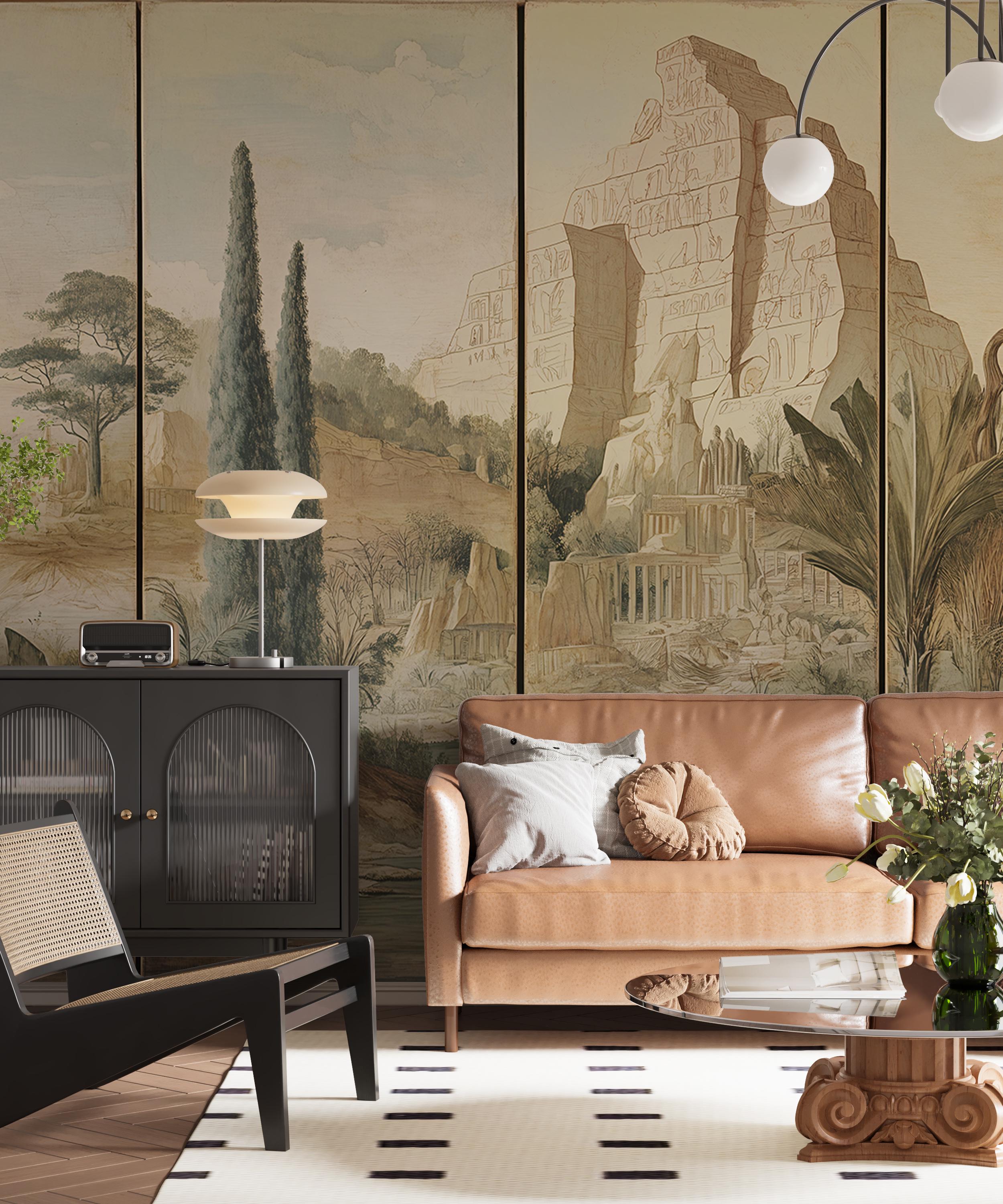 Ancient Vintage Landscape in Old Panels Style Mural, Old Greek Ruins ...