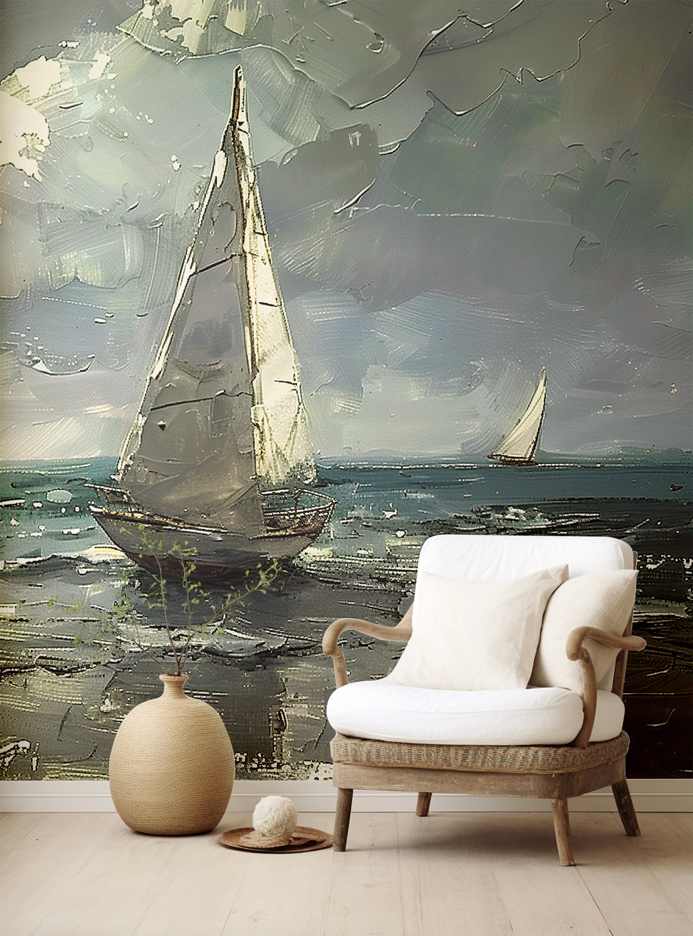 Sailboat Oil Painting Wallpaper, Dark Ocean Wall Mural, Palette Knife ...