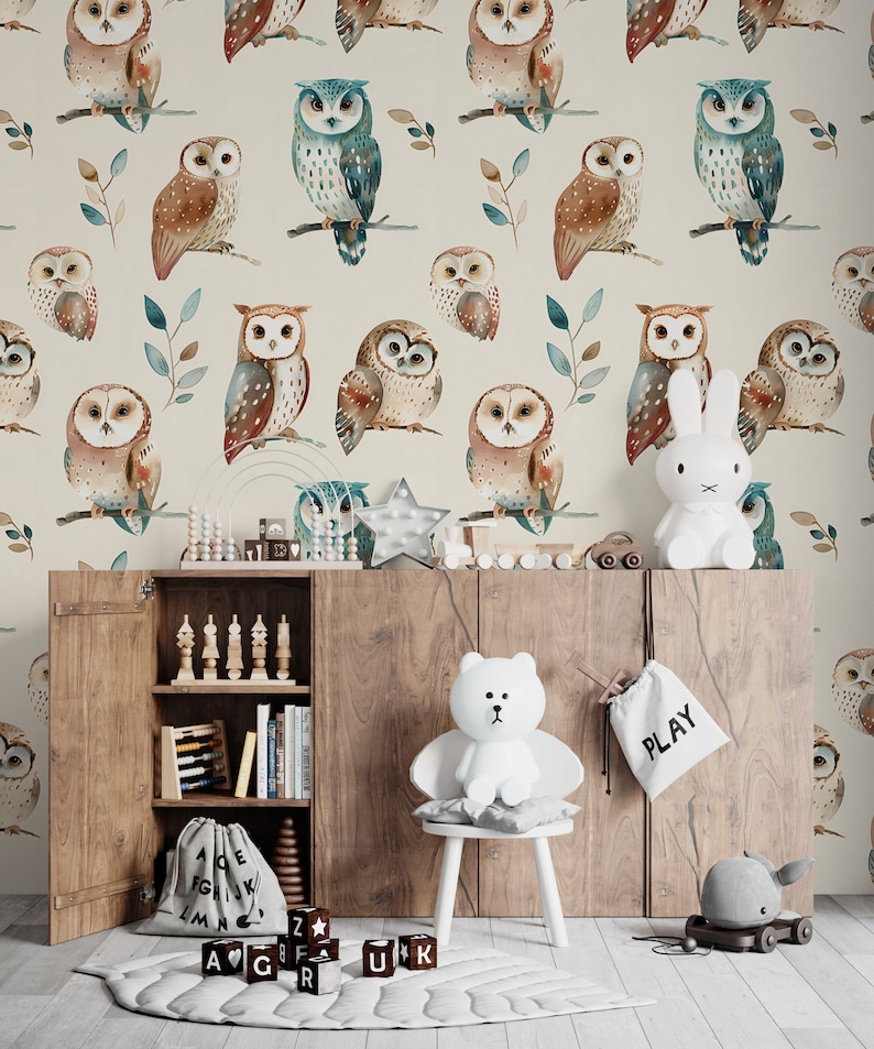 Watercolor Owls Mural, Nursery Owl Wallpaper, Peel and Stick Pastel ...