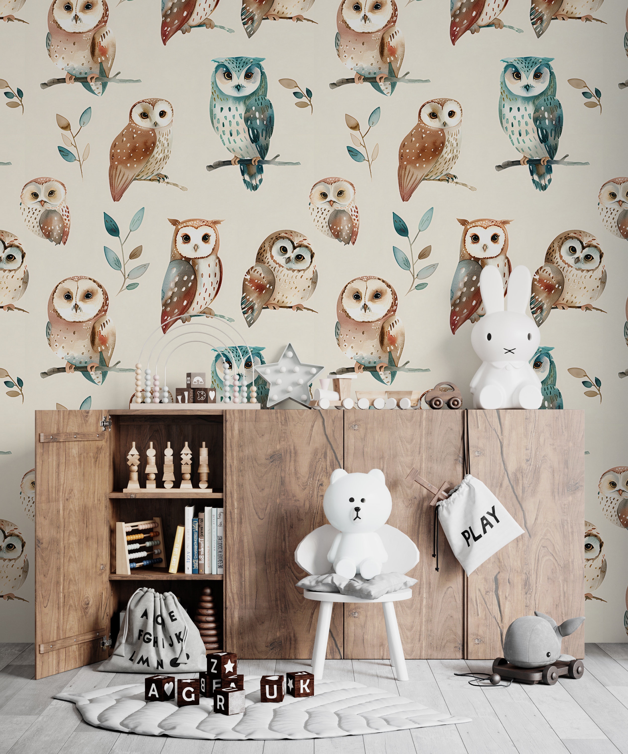 Watercolor Owls Mural, Nursery Owl Wallpaper, Peel and Stick Pastel ...