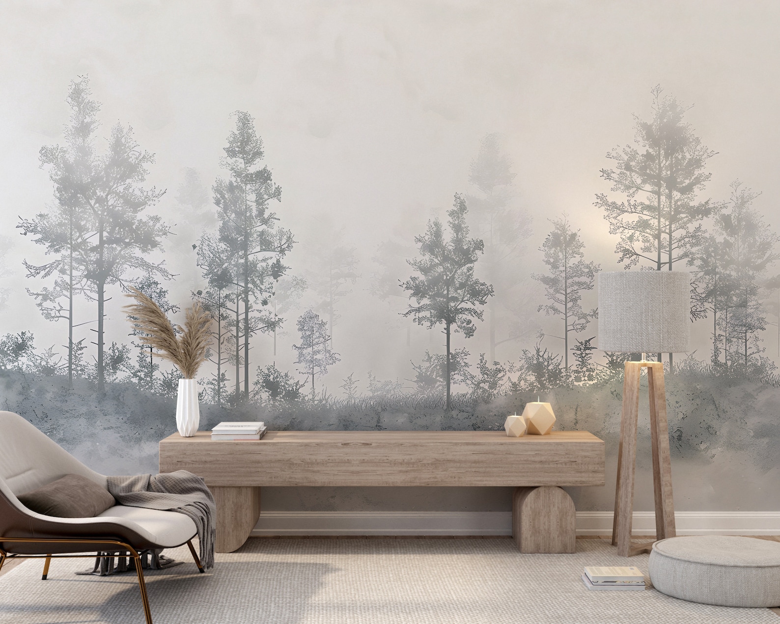 Timeless Monochrome Trees Mural, Vintage White and Grey Forest ...