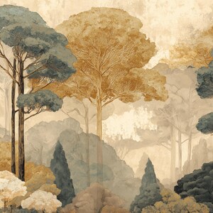 Green and Gold Trees Wall Mural in Vintage Forest Scene Peel and Stick ...