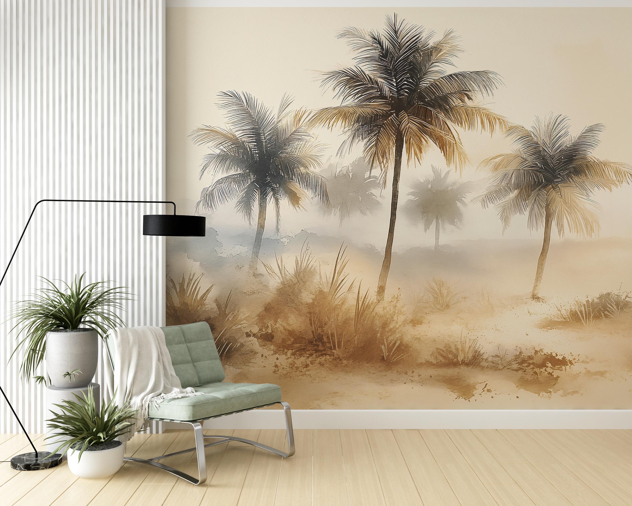 Palm Trees in Desert Wall Mural, Beige Watercolor Desert Landscape ...