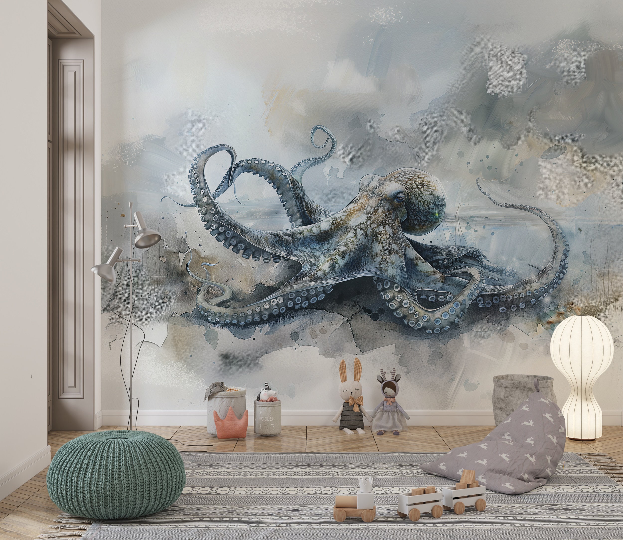Octopus Wall Mural, Watercolor Giant Octopus Wallpaper, Underwater Life ...