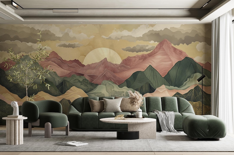 Colorful Mountains Mural, Peel and Stick Abstract Mountain Wallpaper ...