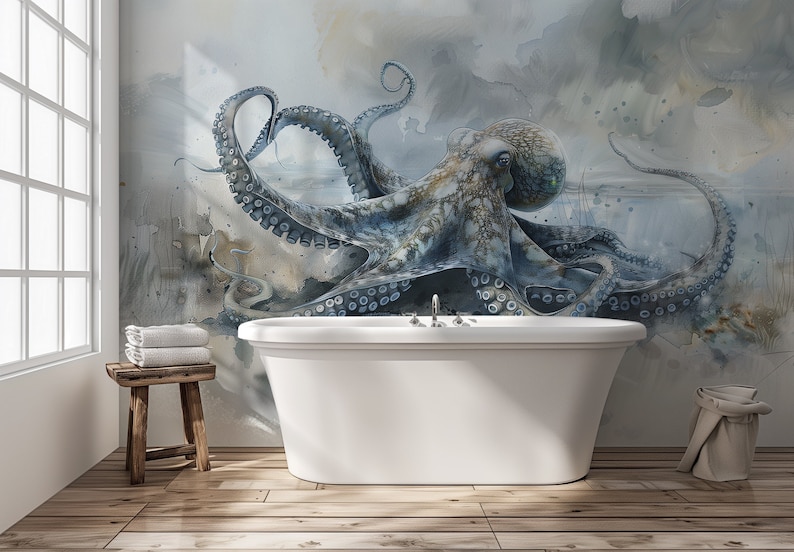 Octopus Wall Mural, Watercolor Giant Octopus Wallpaper, Underwater Life ...