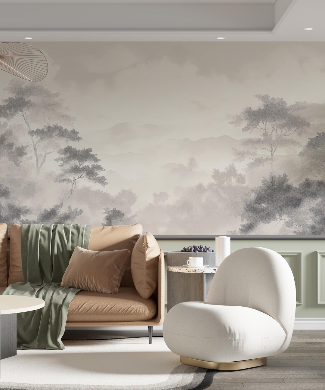 Cream Neutral Forest Mural, Minimalist Monochrome Trees Wallpaper ...