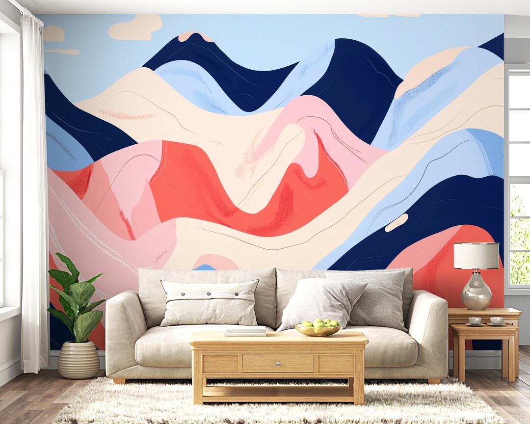 Abstract Mountain Mural, Pastel Colors Modern Wallpaper, Colorful Peel ...